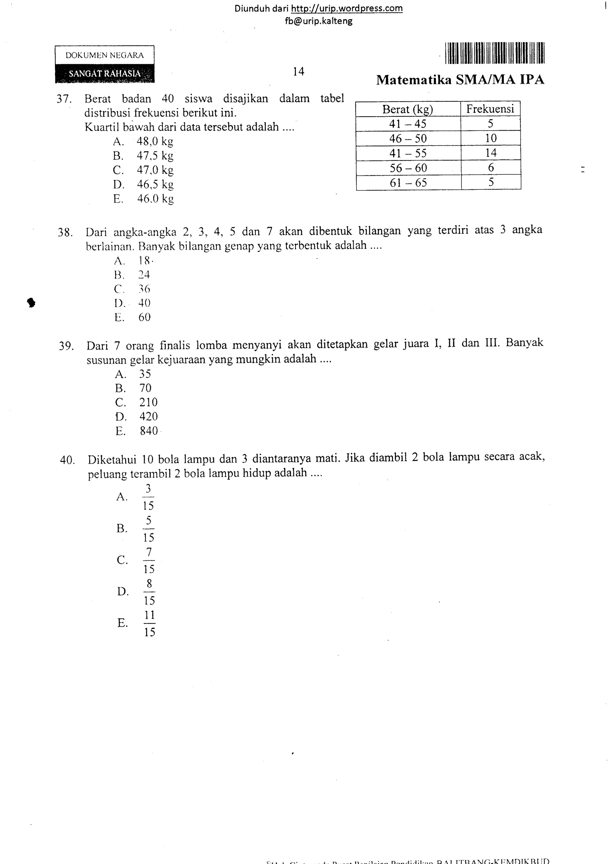 Soal un matematika ipa sma tahun 2014 14 | PDF