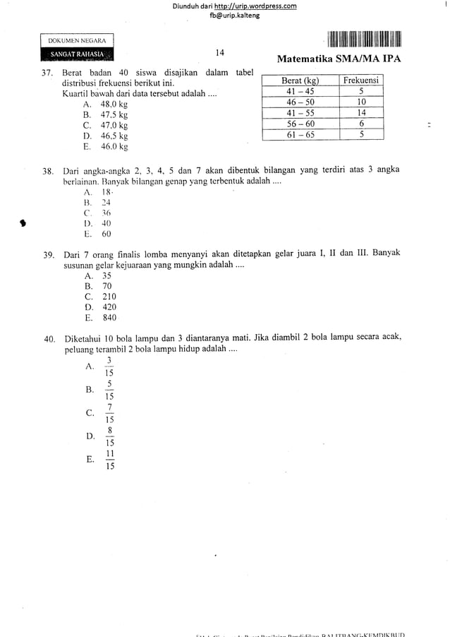 Soal un matematika ipa sma tahun 2014 14 | PDF