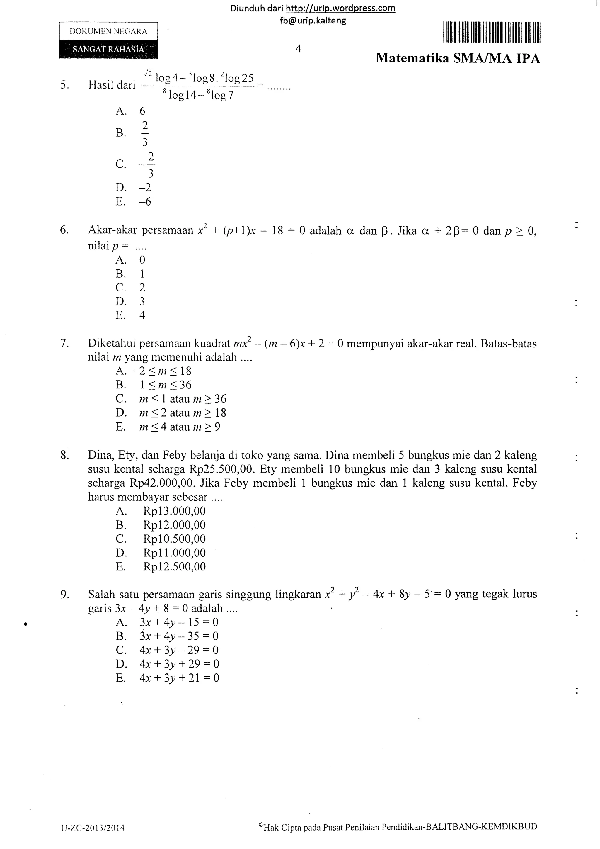 Soal un matematika ipa sma tahun 2014 17 | PDF