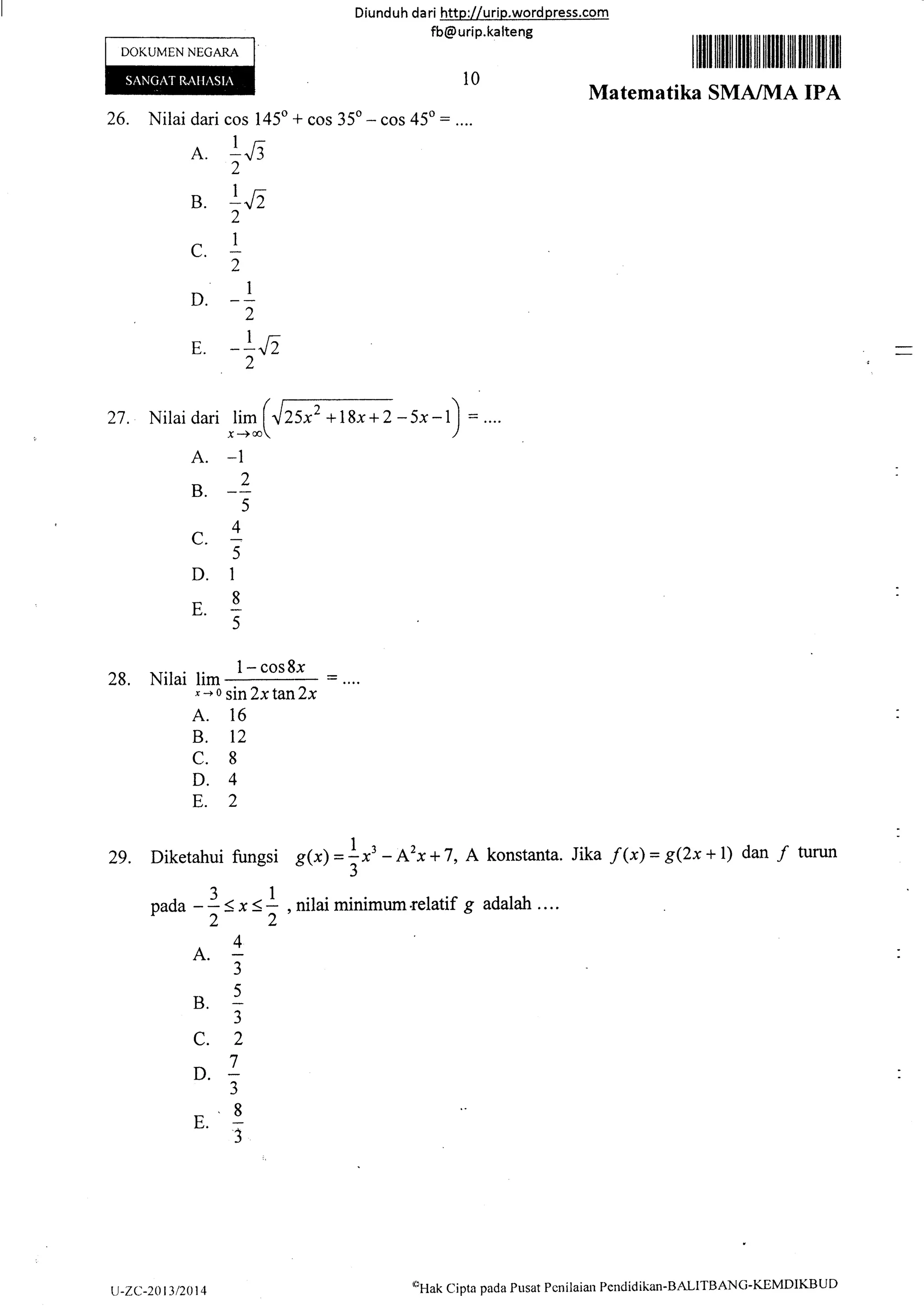 Soal un matematika ipa sma tahun 2014 17 | PDF