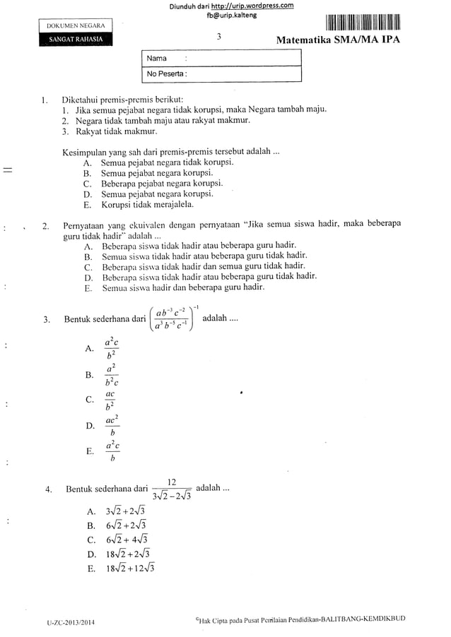 Soal un matematika ipa sma tahun 2014 17 | PDF