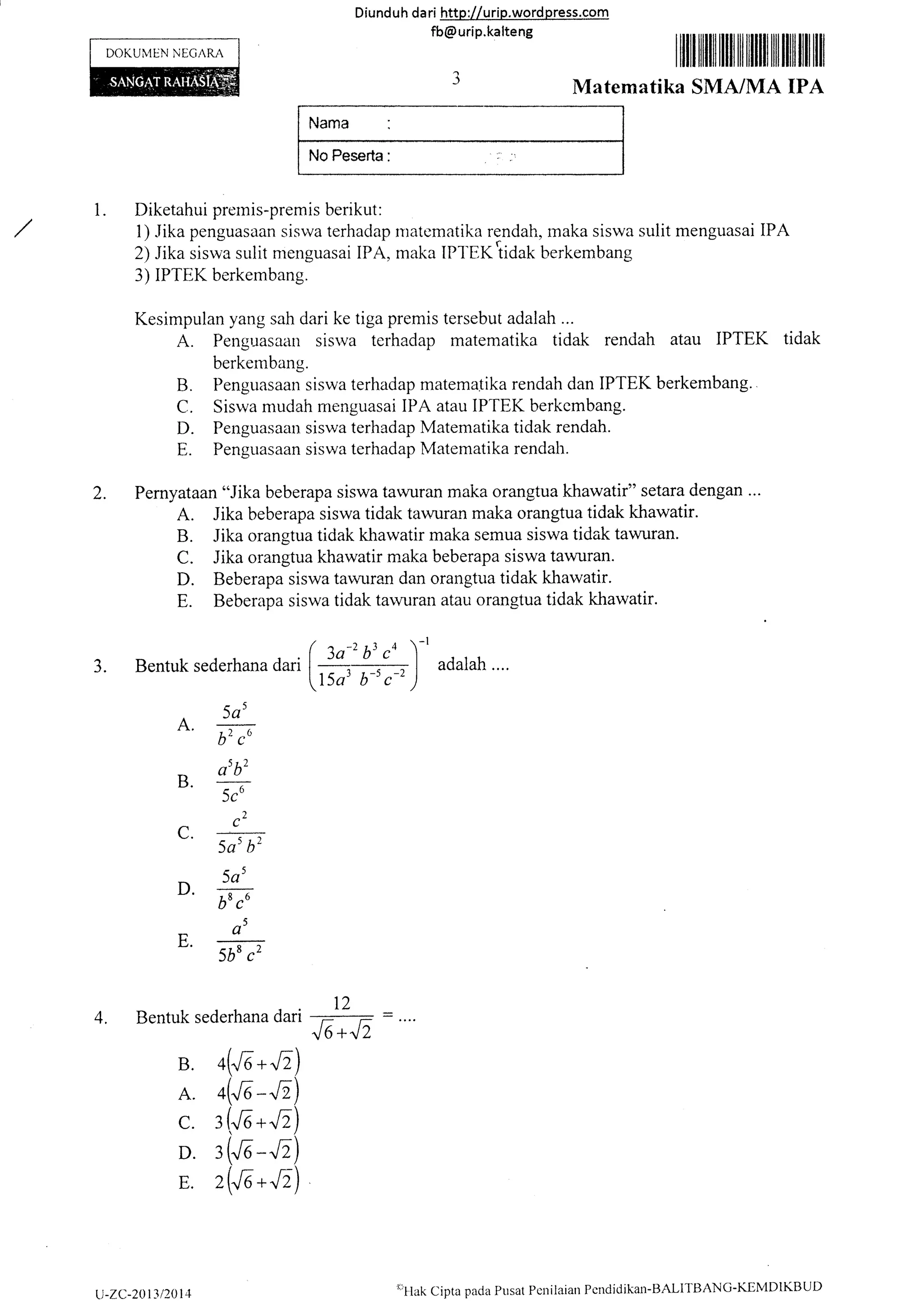 Soal un matematika ipa sma tahun 2014 2 | PDF