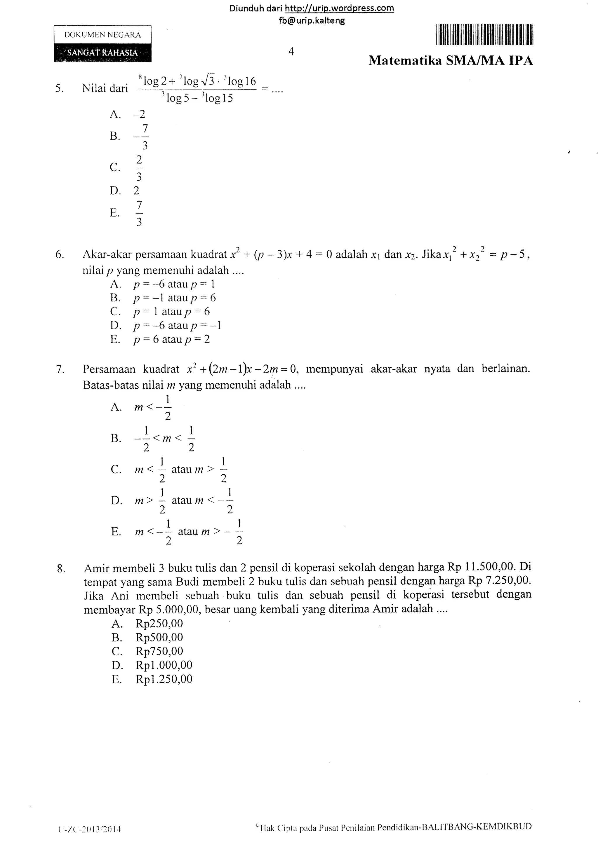 Soal un matematika ipa sma tahun 2014 2 | PDF