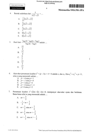 Soal un matematika ipa sma tahun 2014 4 | PDF