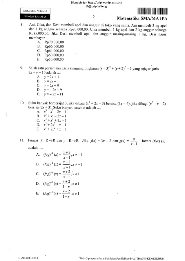 Soal un matematika ipa sma tahun 2014 4 | PDF