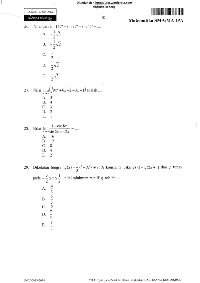 Soal un matematika ipa sma tahun 2014 4 | PDF