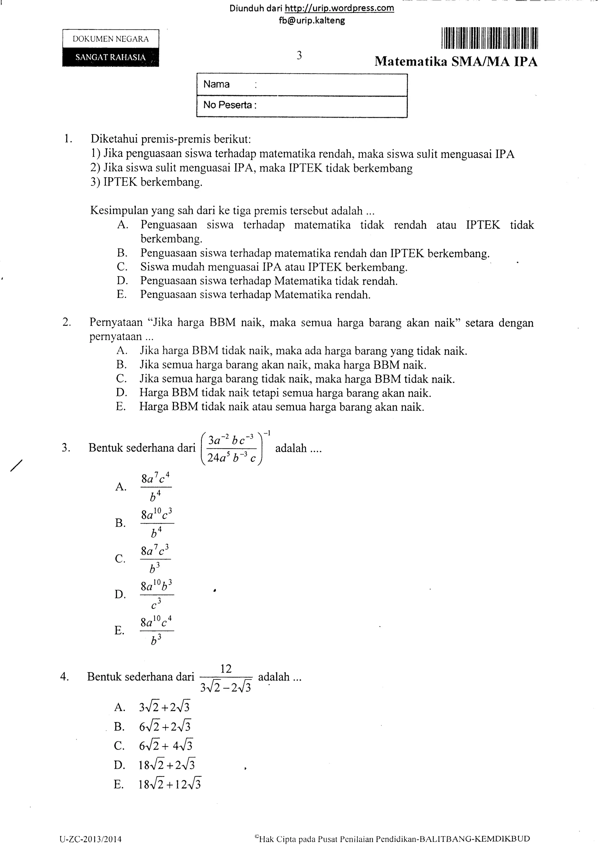 Soal un matematika ipa sma tahun 2014 5 | PDF