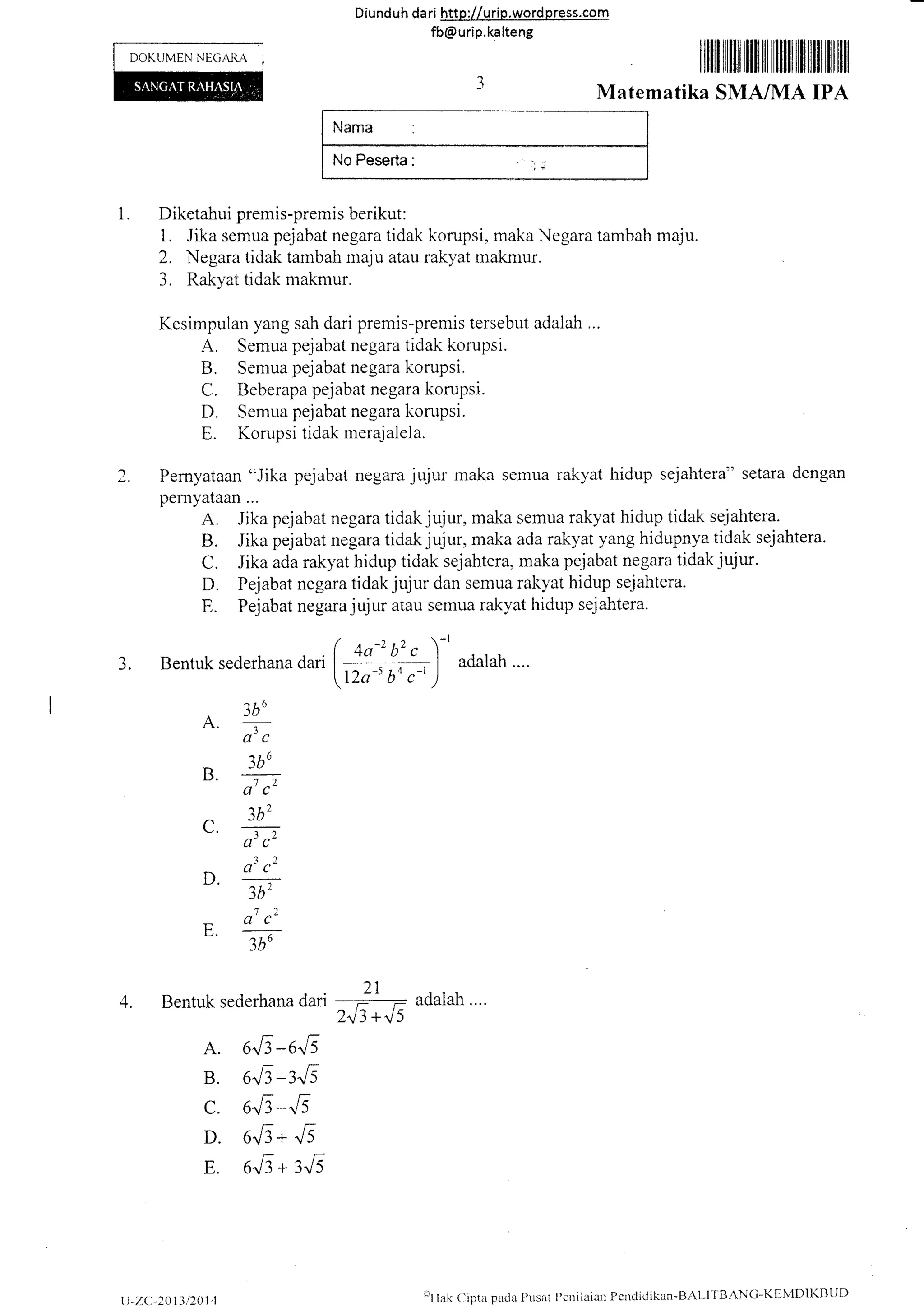 Soal un matematika ipa sma tahun 2014 8 | PDF