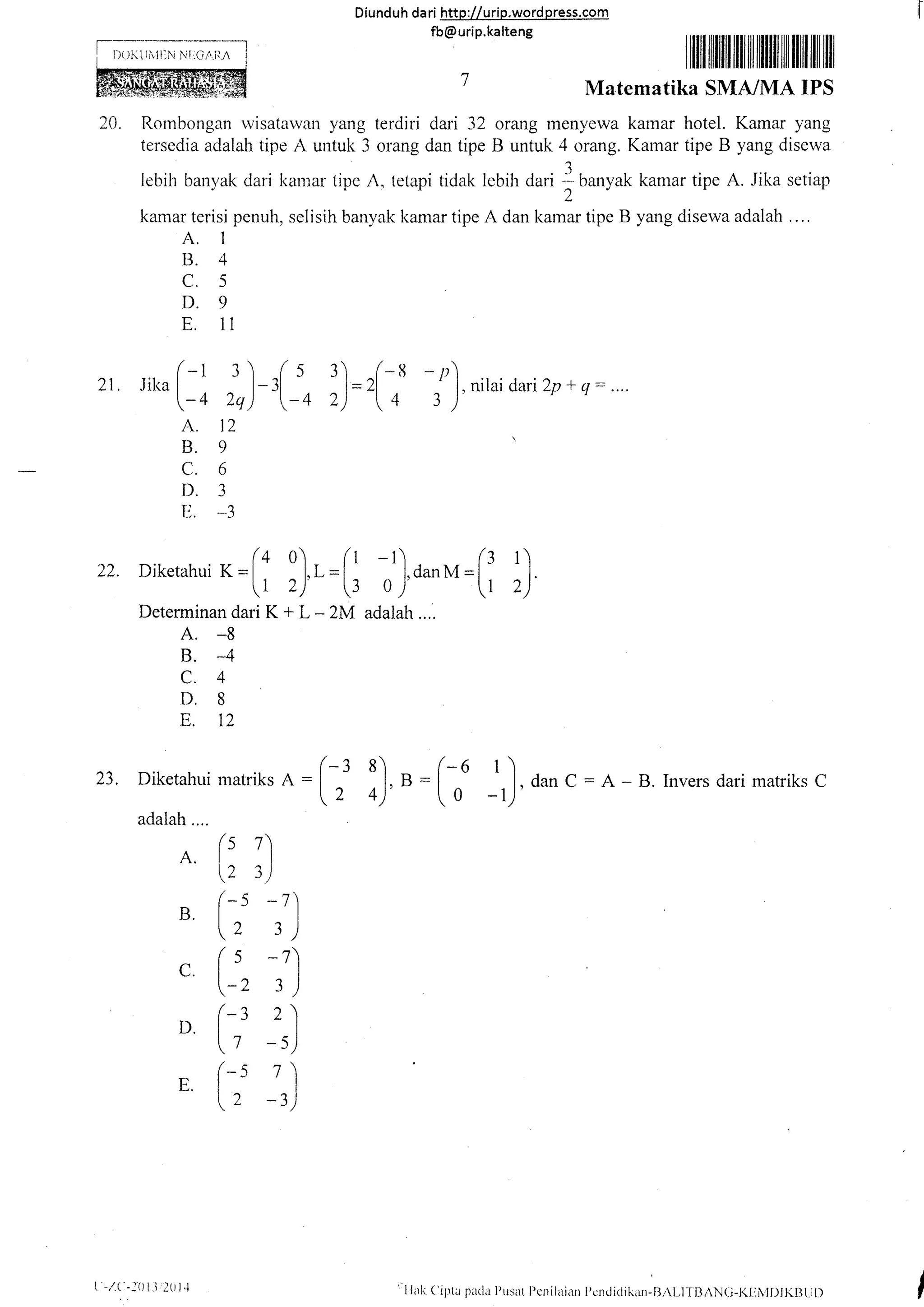 Soal un matematika ips sma tahun 2014 13 | PDF
