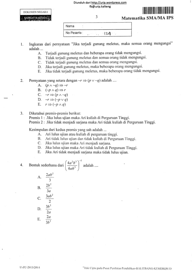 Soal un matematika ips sma tahun 2014 13 | PDF