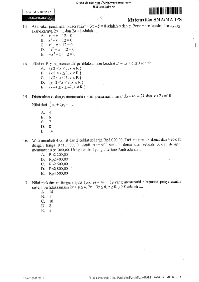 Soal un matematika ips sma tahun 2014 20 | PDF