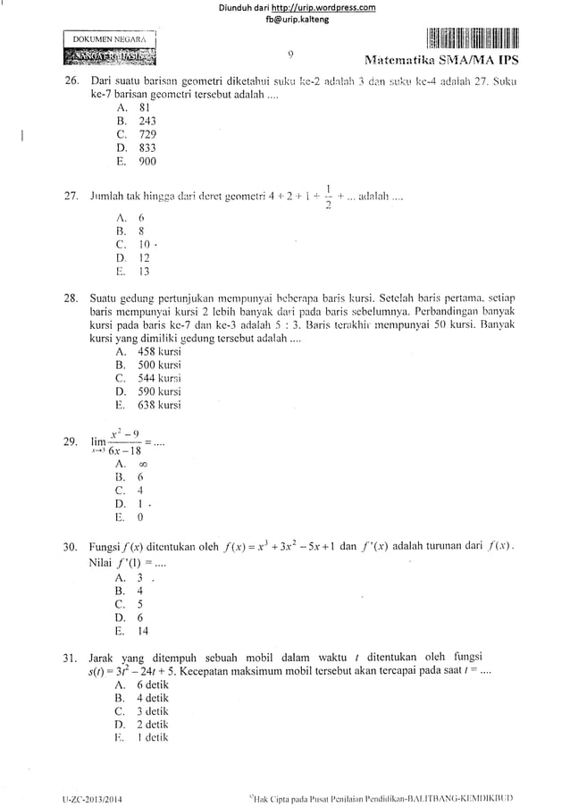 Soal un matematika ips sma tahun 2014 20 | PDF