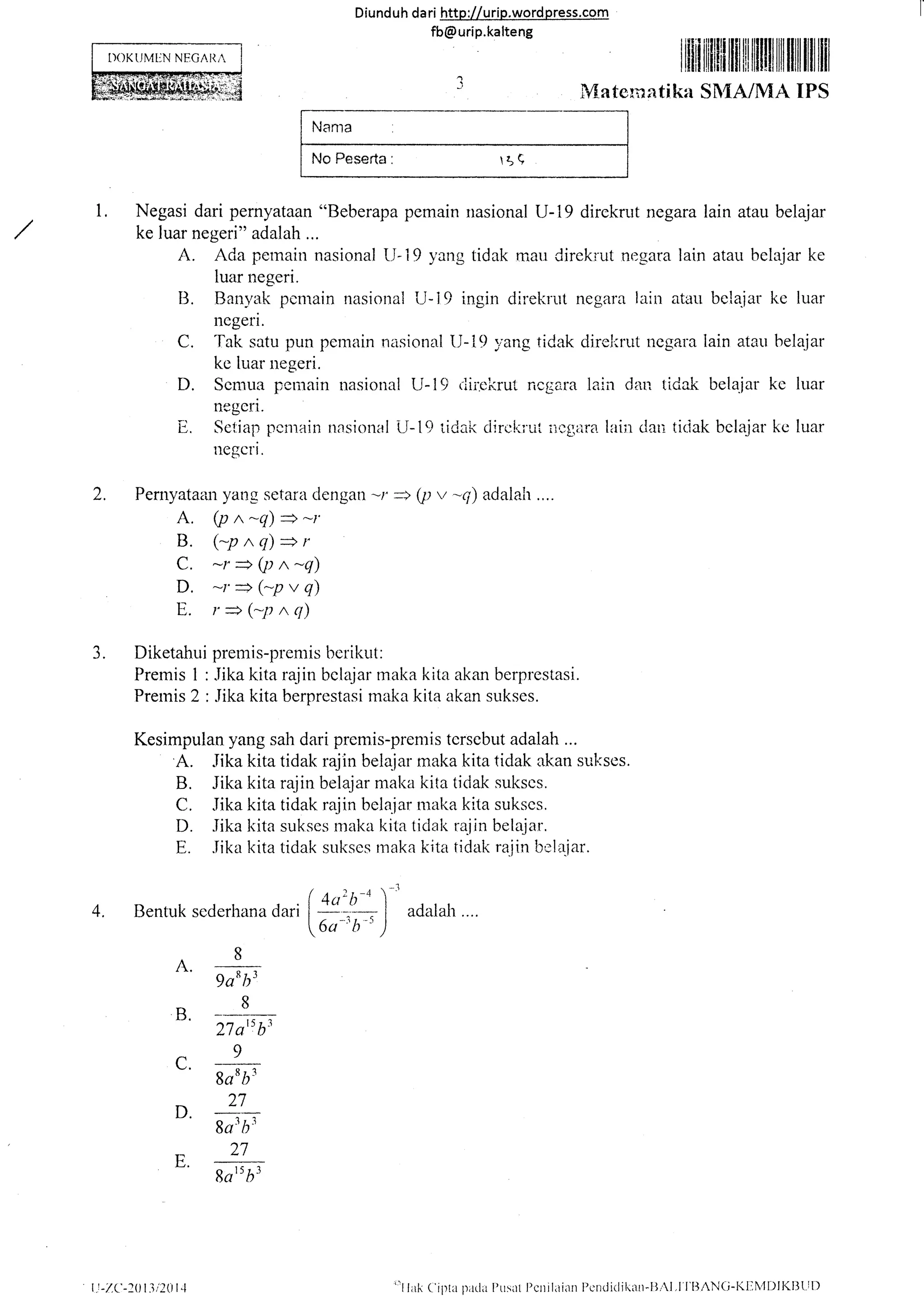 Soal un matematika ips sma tahun 2014 4 | PDF