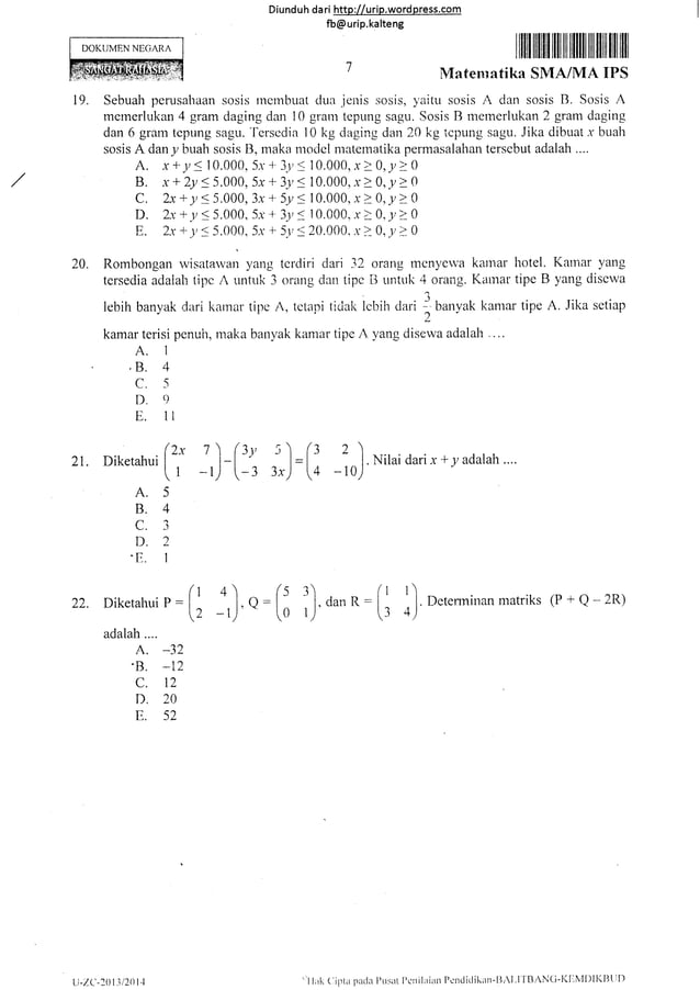 Soal un matematika ips sma tahun 2014 4 | PDF