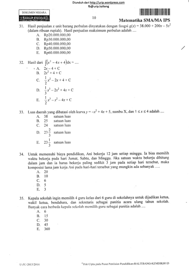 Soal un matematika ips sma tahun 2014 4 | PDF