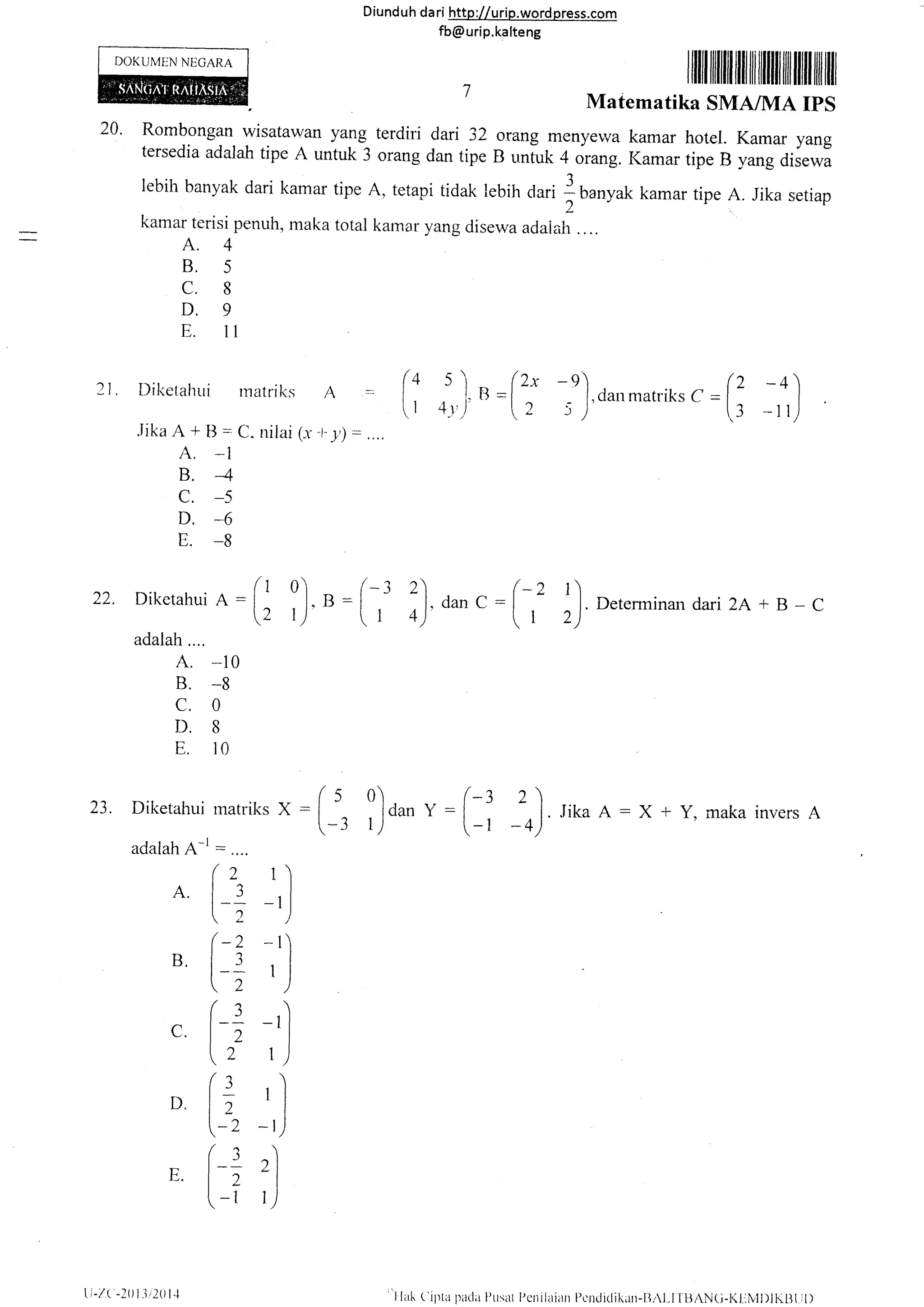 Soal un matematika ips sma tahun 2014 7 | PDF