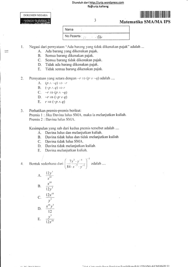 Soal un matematika ips sma tahun 2014 7 | PDF