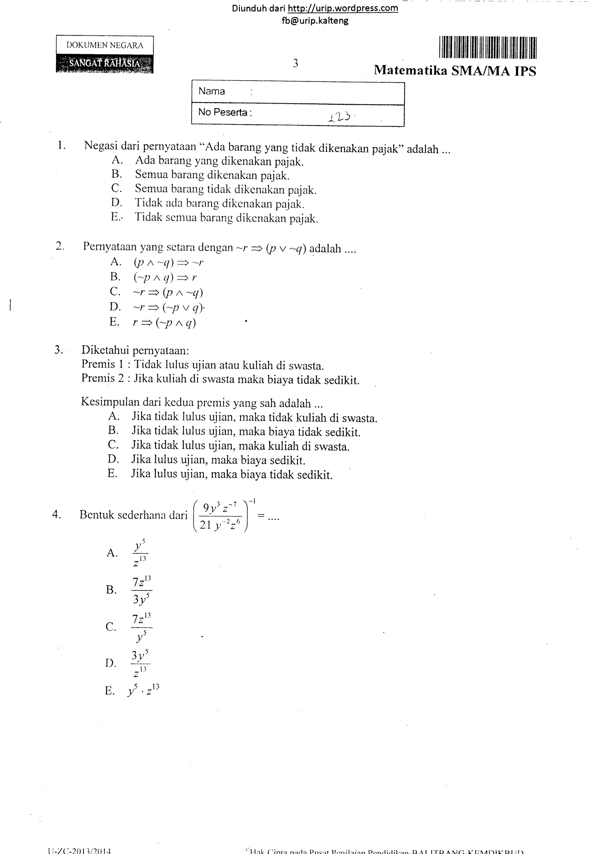 Soal un matematika ips sma tahun 2014 9 | PDF