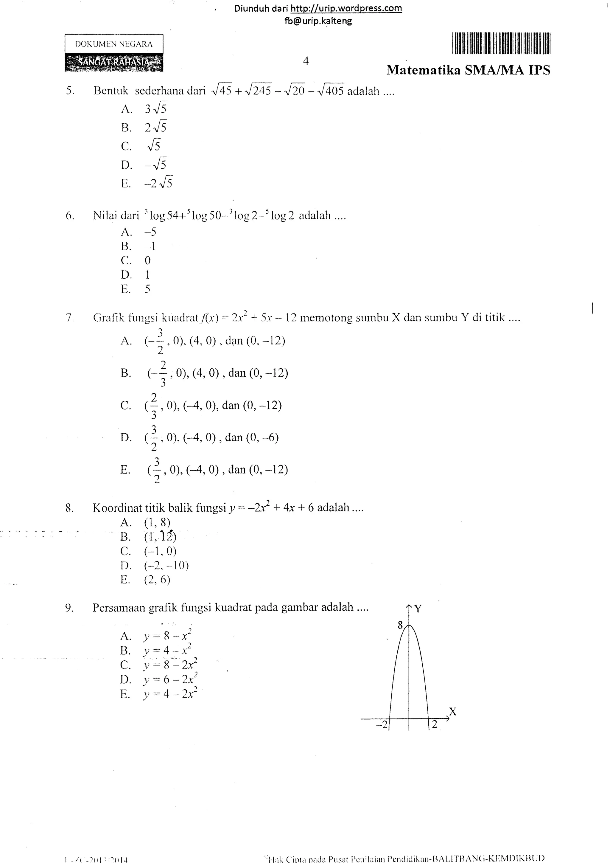 Soal un matematika ips sma tahun 2014 9 | PDF