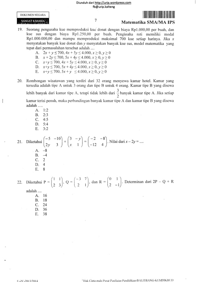 Soal un matematika ips sma tahun 2014 9 | PDF