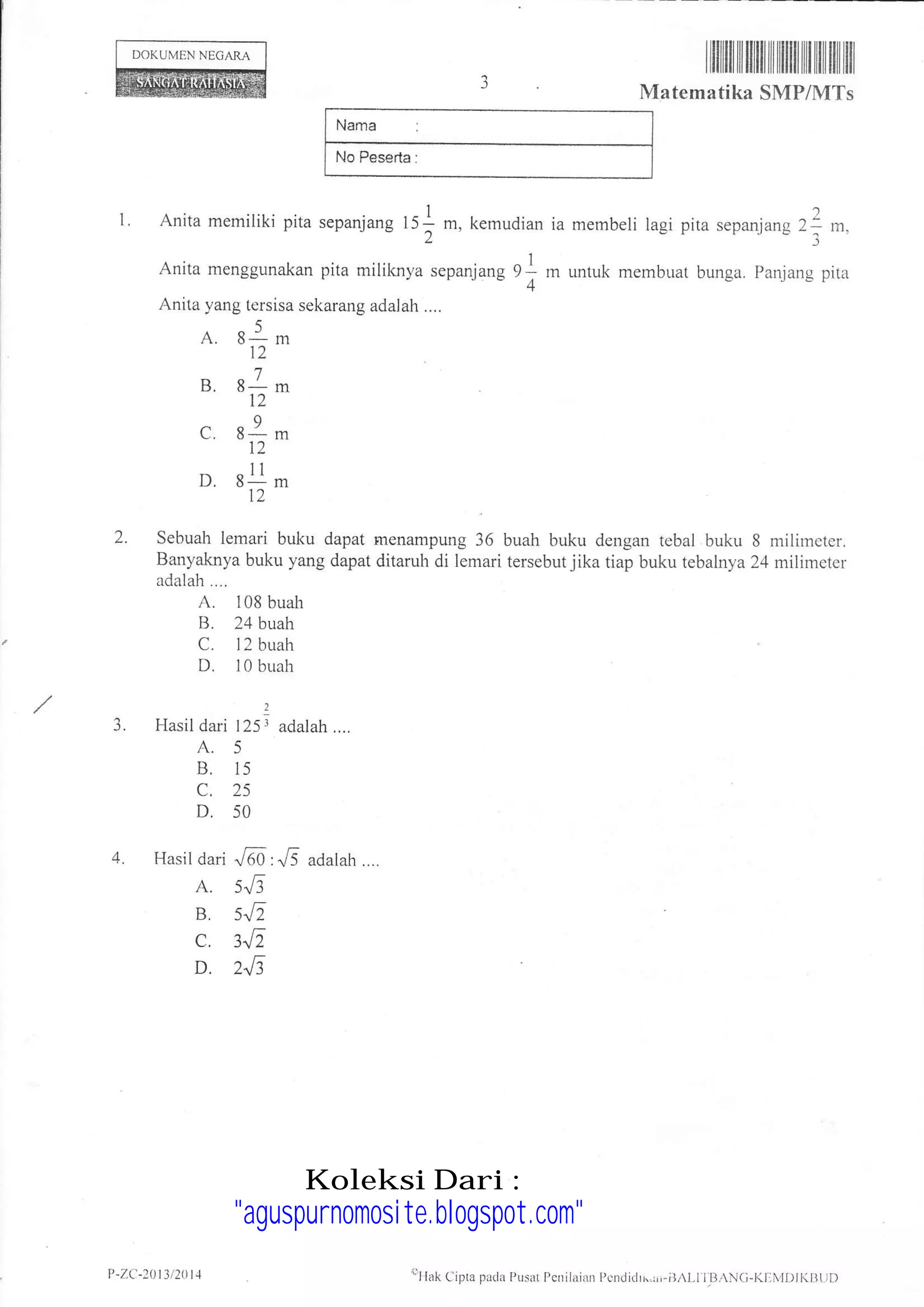 Soal un matematika smp 2014 paket 10 | PDF