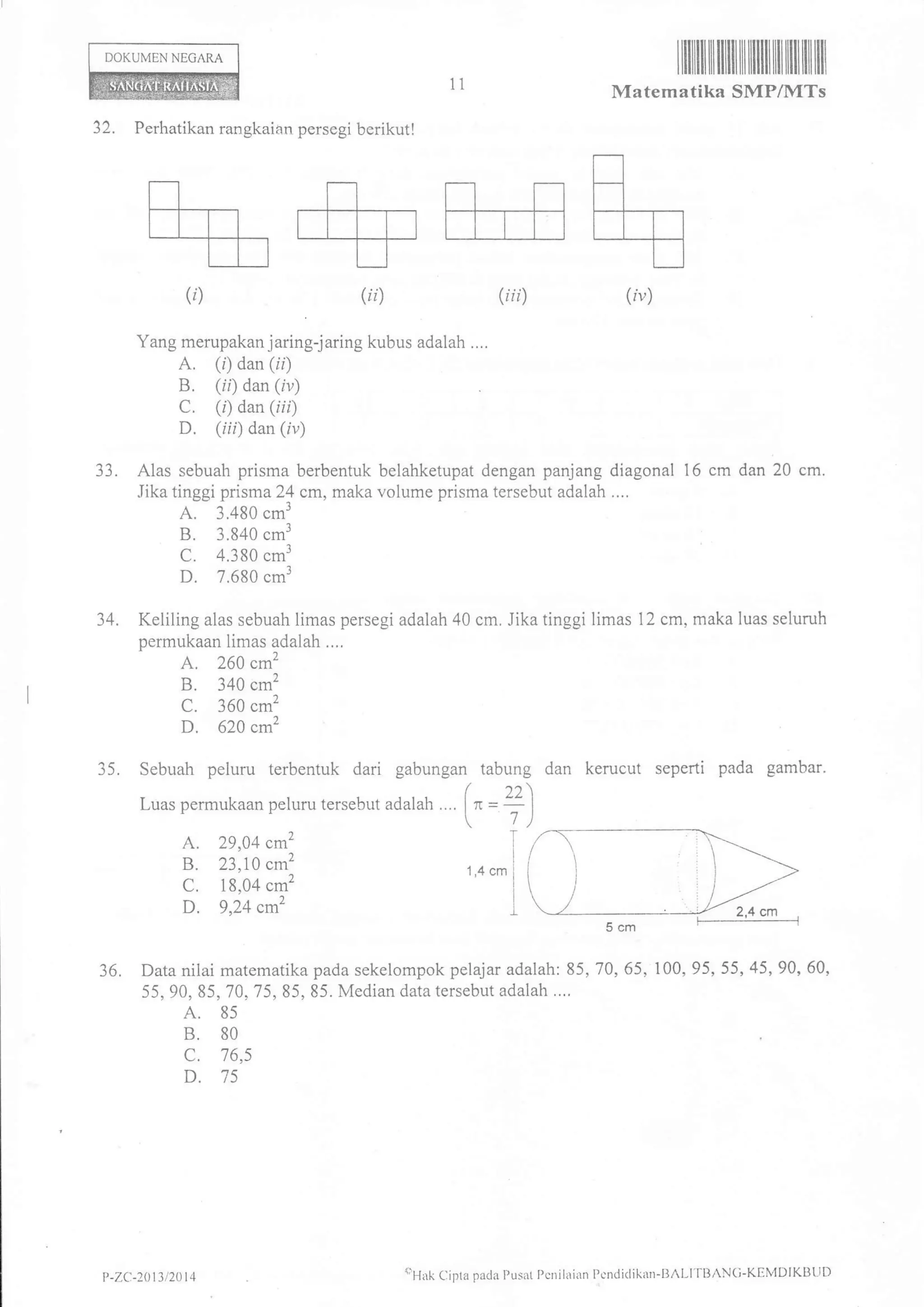 Soal un matematika smp 2014 paket 15 | PDF
