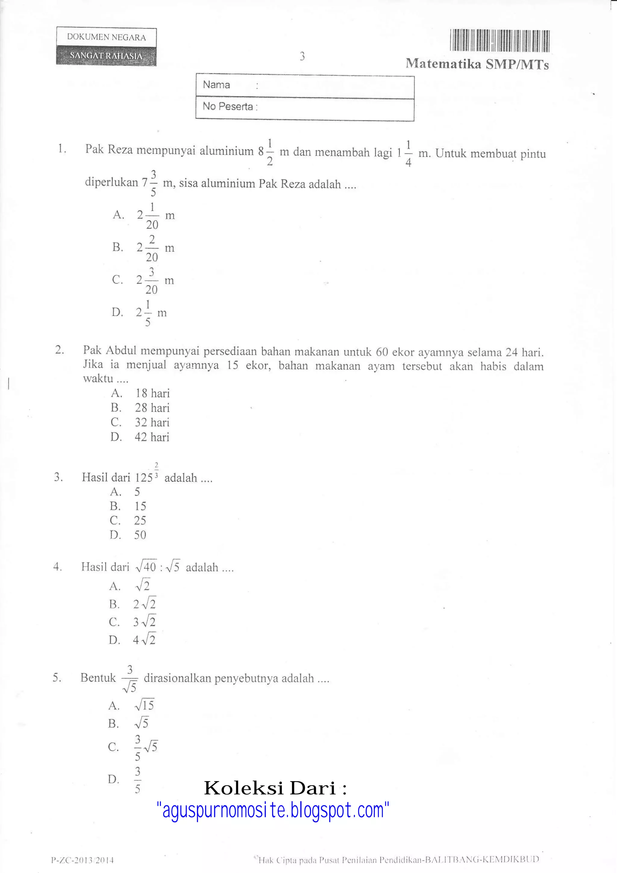 Soal un matematika smp 2014 paket 16 | PDF