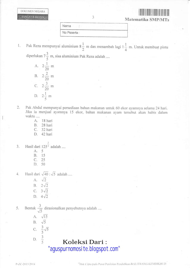 Soal un matematika smp 2014 paket 16 | PDF