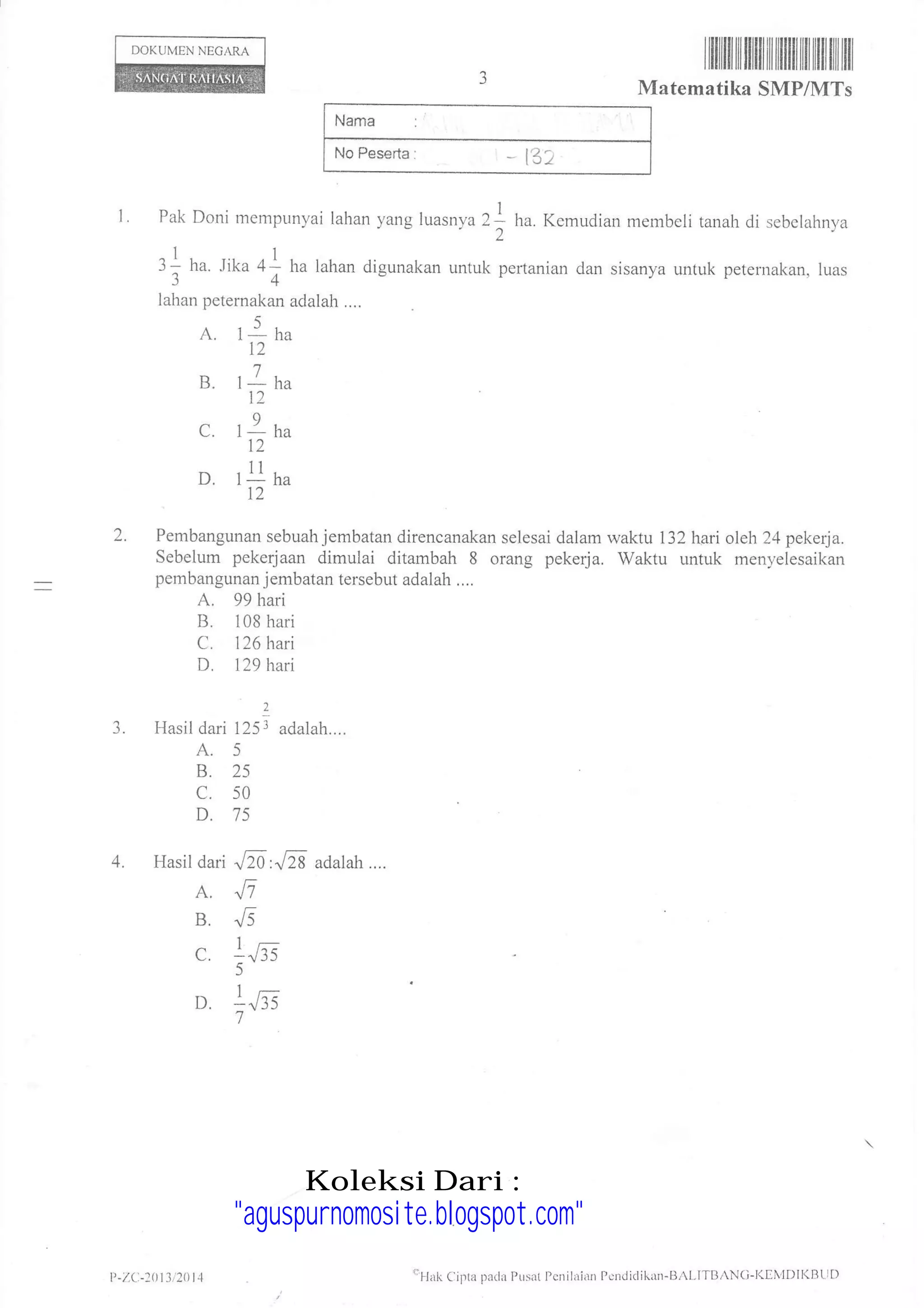Soal un matematika smp 2014 paket 20 | PDF