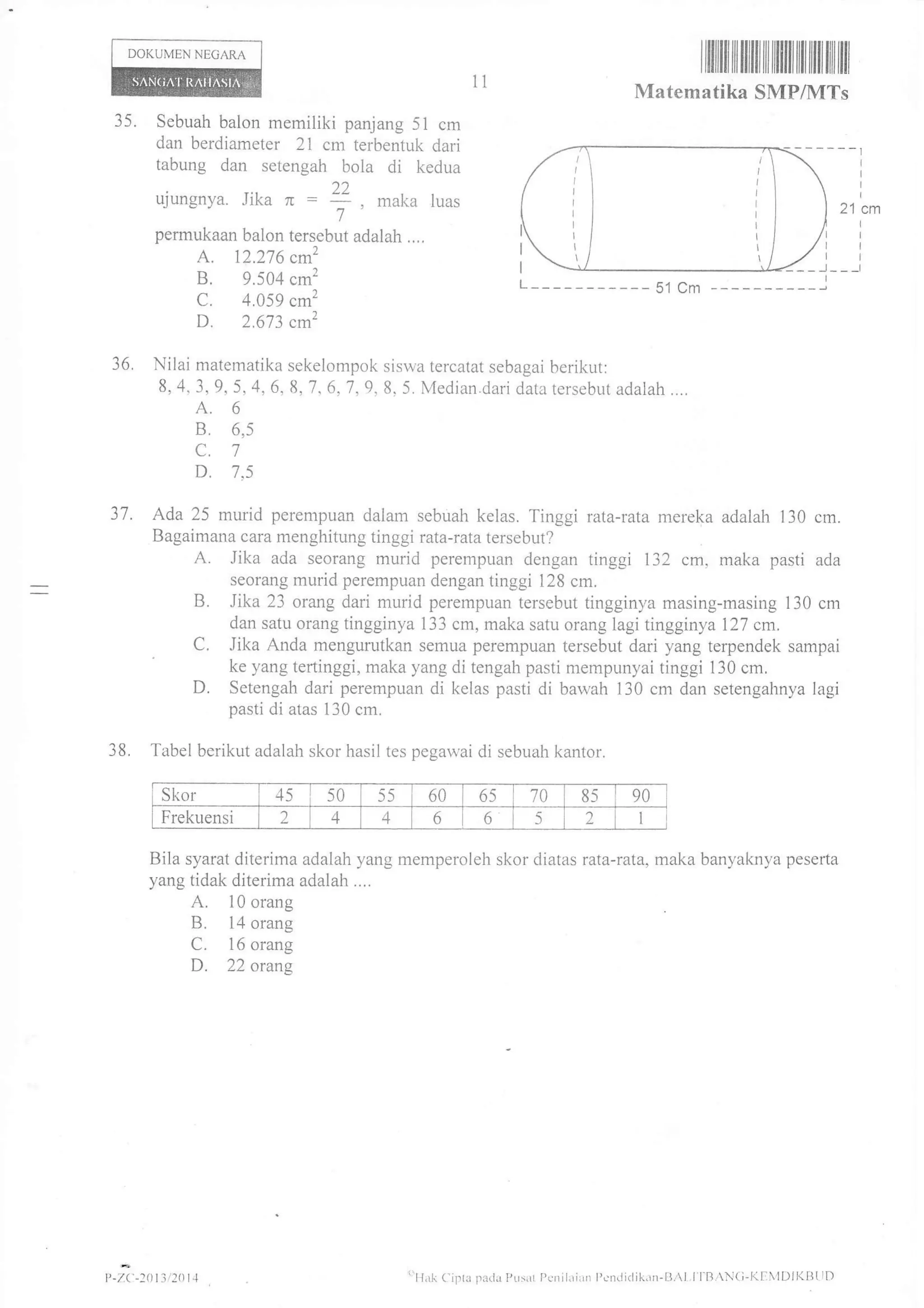 Soal un matematika smp 2014 paket 20 | PDF