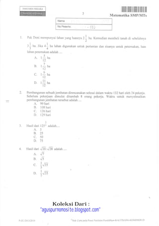 Soal un matematika smp 2014 paket 20 | PDF