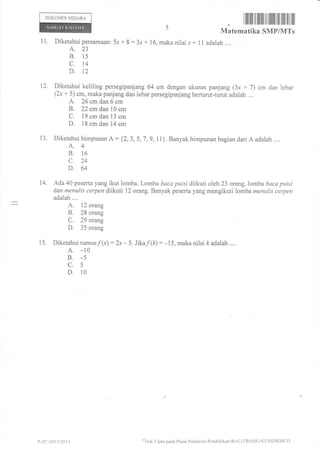 Soal un matematika smp 2014 paket 20 | PDF
