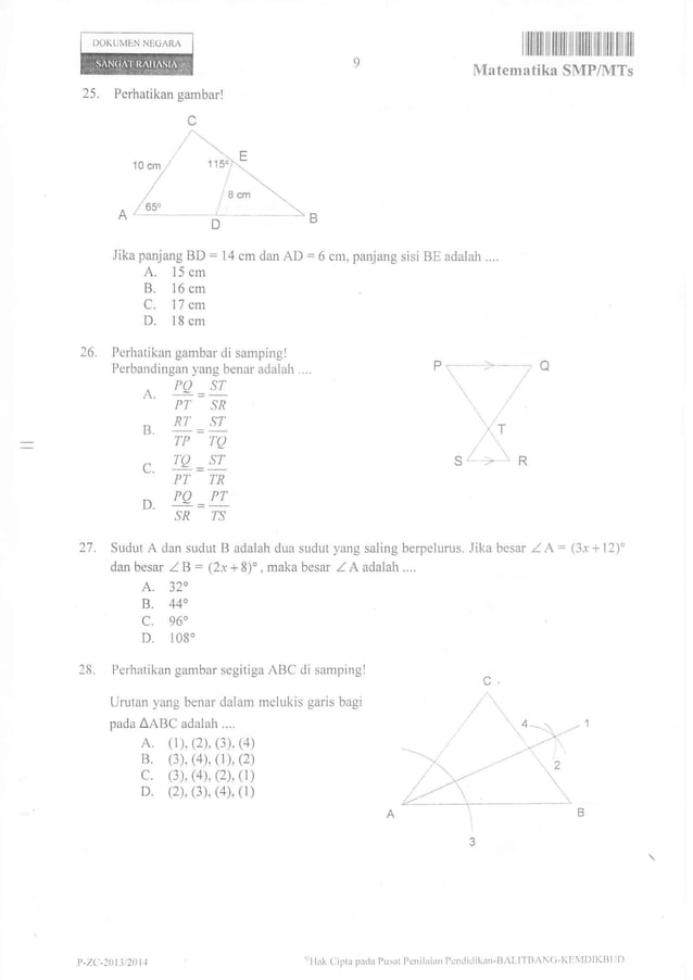Soal un matematika smp 2014 paket 20 | PDF