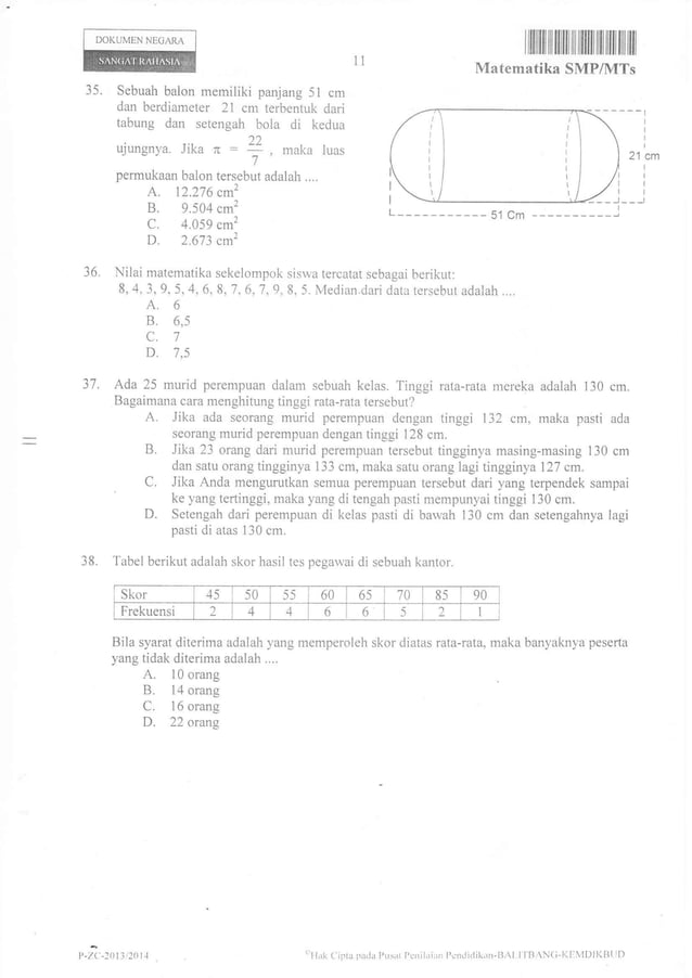 Soal un matematika smp 2014 paket 20 | PDF