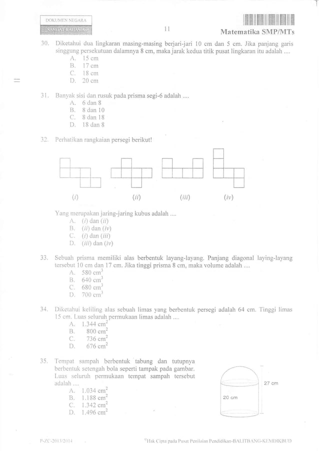 Soal un matematika smp 2014 paket 3 | PDF