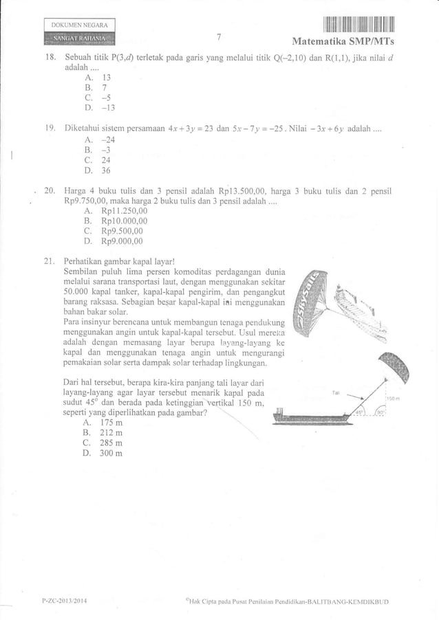 Soal un matematika smp 2014 paket 5 | PDF