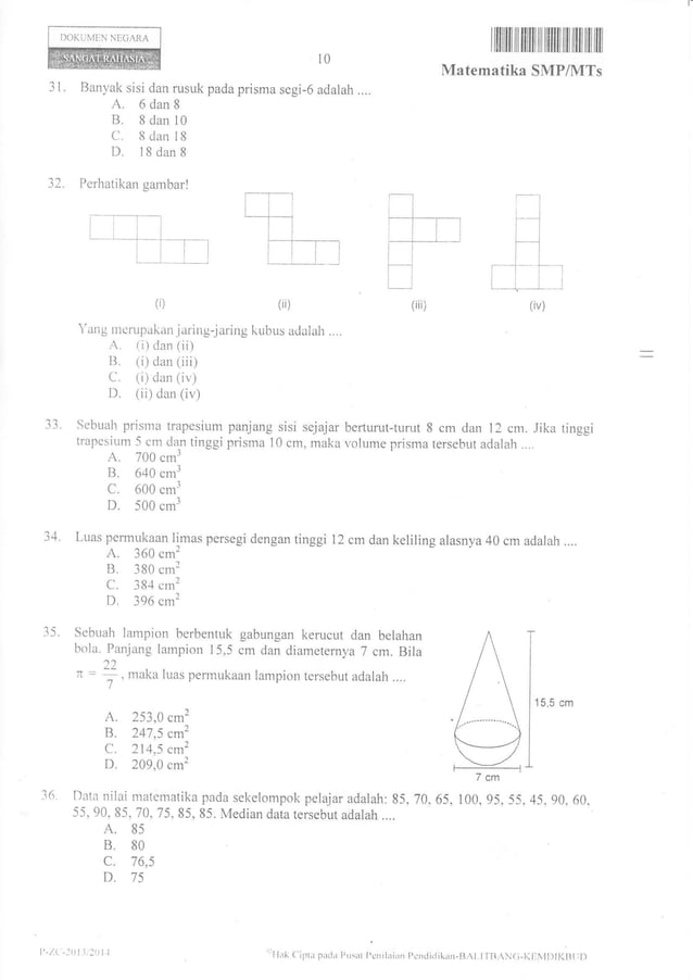 Soal un matematika smp 2014 paket 9 | PDF