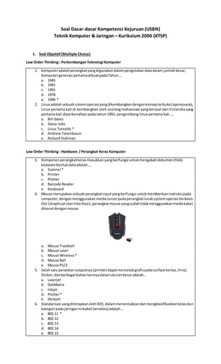 Soal usbn dkk (dasar-dasar teknik komputer & informatika) | DOCX