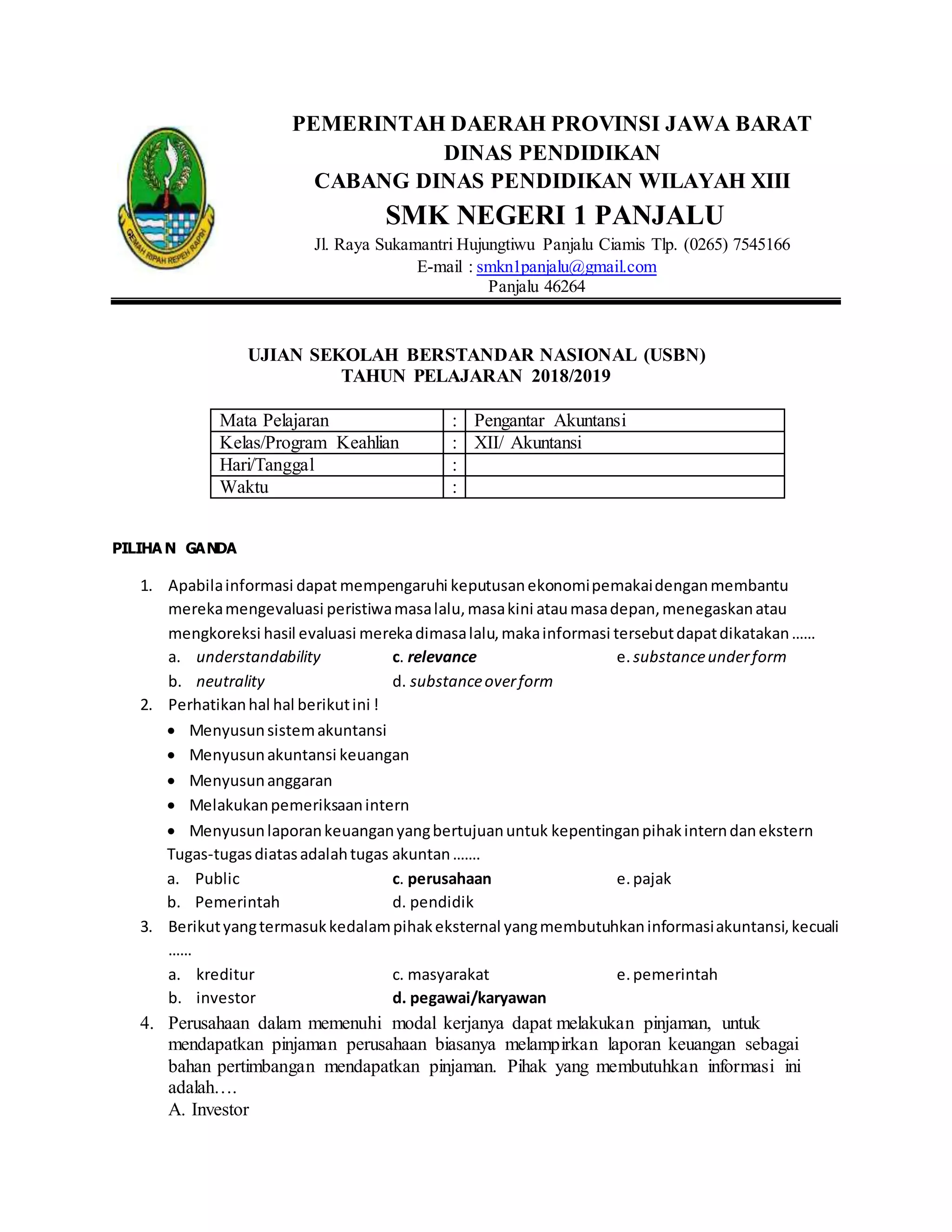 Soal usbn pengantar akuntansi 1819 | DOCX