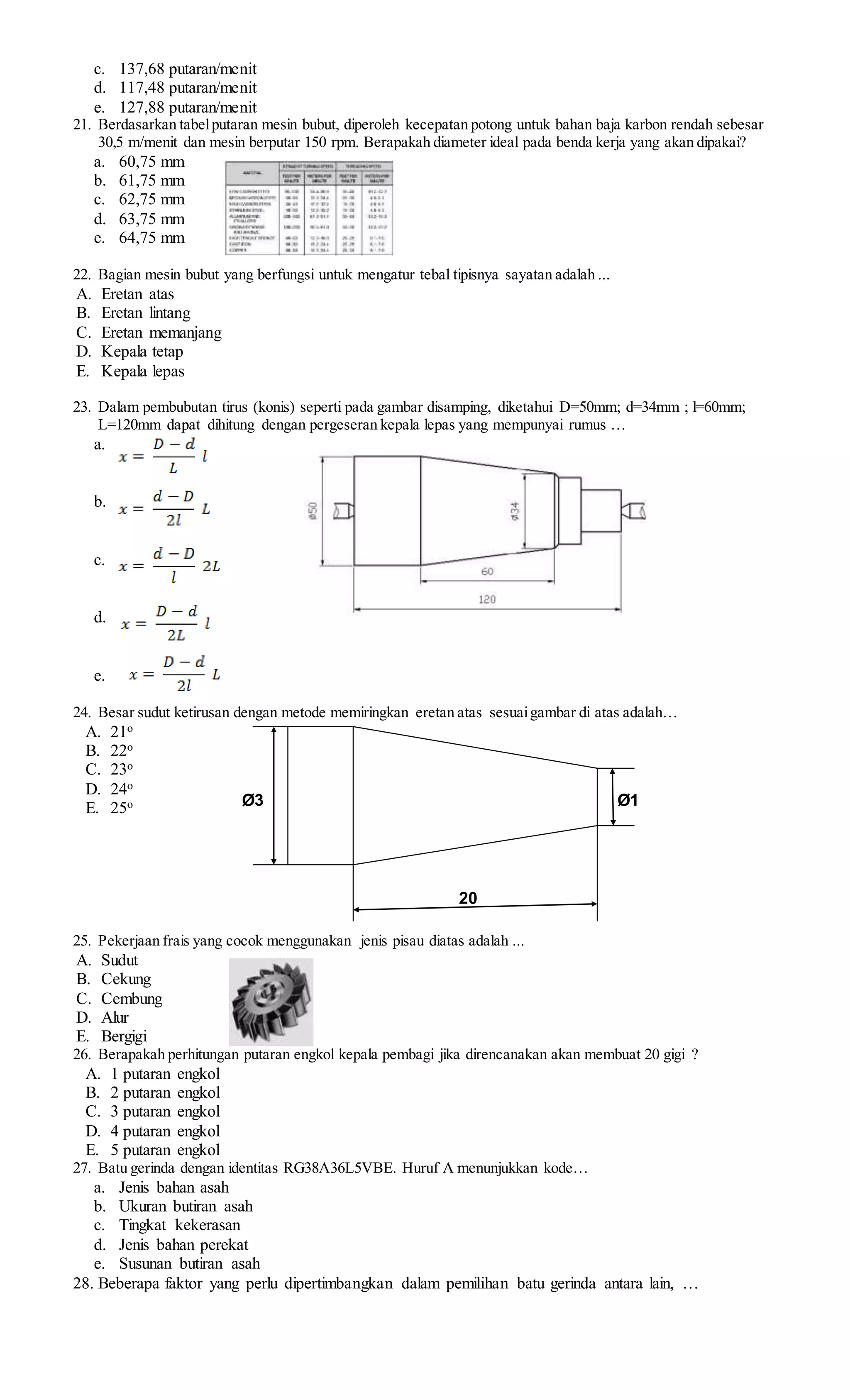 latihan soal ujian sekolah teori kejuruan teknik pemesinan 2017 | DOCX
