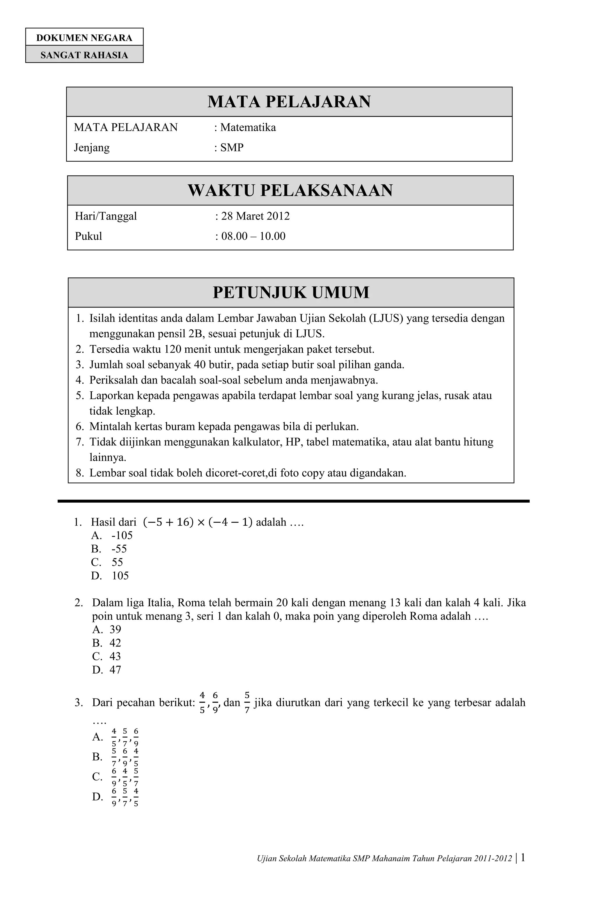latihan soal US matematika 2012 | PDF