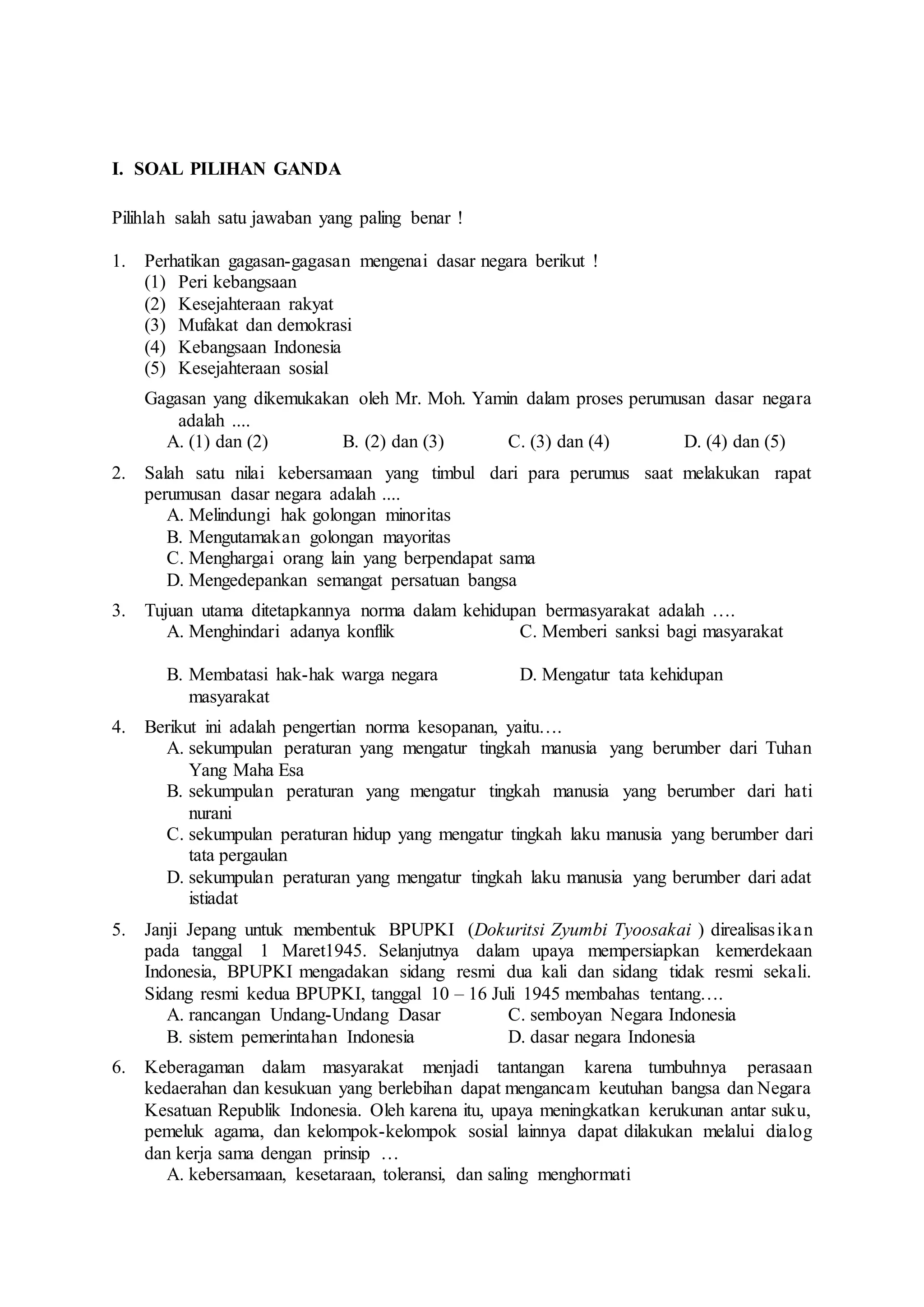 latihan soal ppkn kelas 9 | DOCX