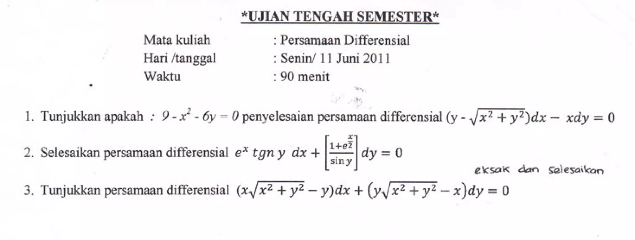 SOAL UTS - Persamaan Differensial - Senin, 11 Juni 2011 | PDF