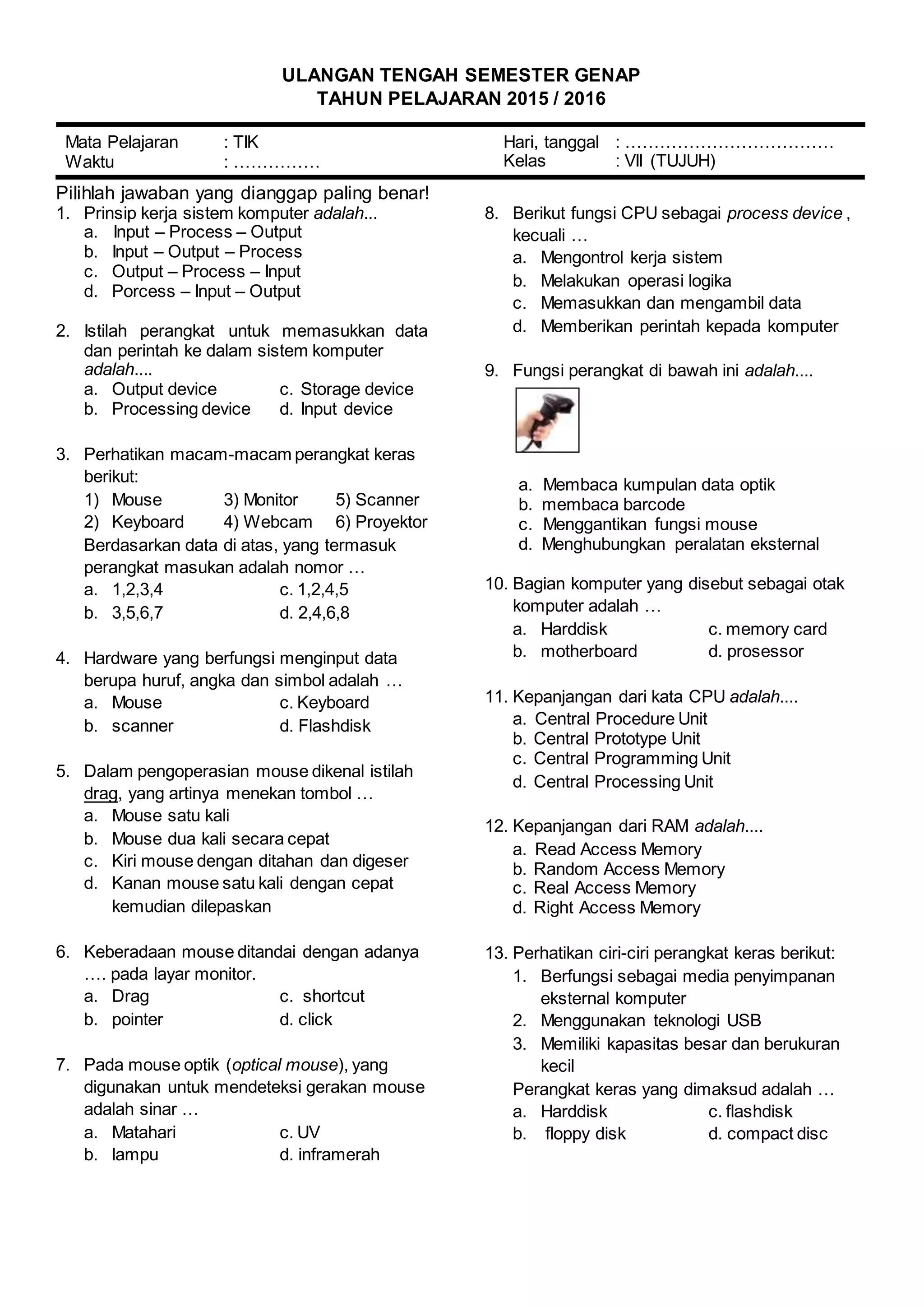 Soal UTS TIK kelas 7 semester 2 hardware | DOCX