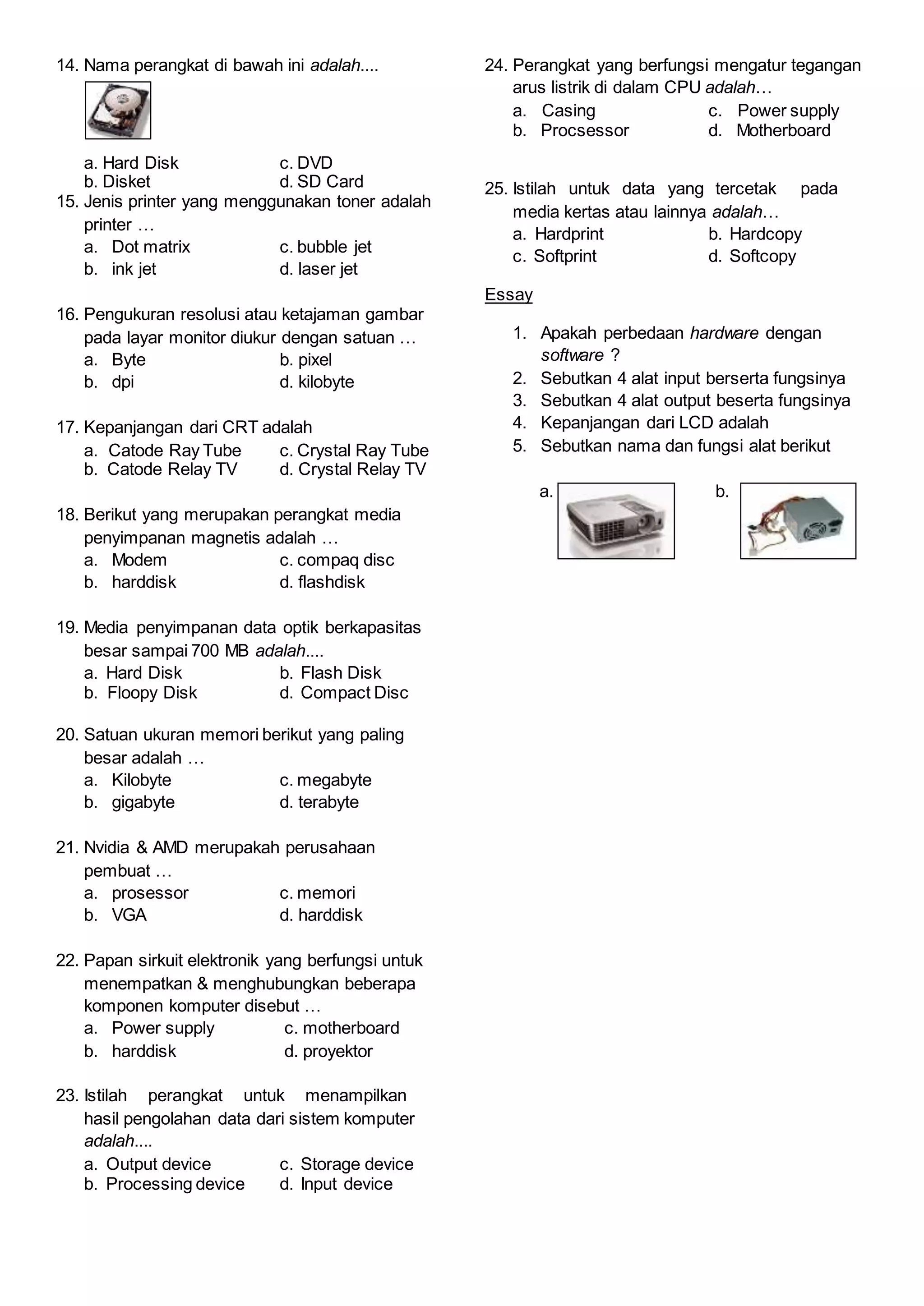 Soal UTS TIK kelas 7 semester 2 hardware | DOCX
