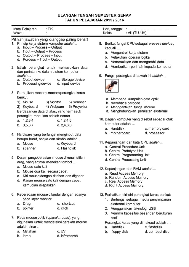 Soal UTS TIK kelas 7 semester 2 hardware | DOCX