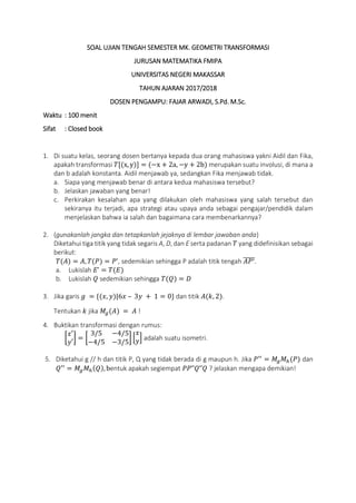 Soal Ujian Tengah Semester Geometri Transformasi | PDF