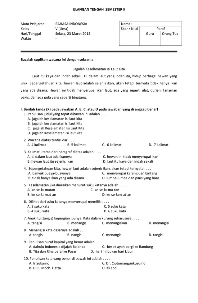 Soal UTS Bahasa Indonesia Kelas 5 Semester 2 | PDF