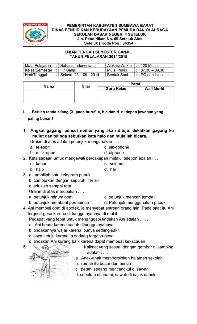 Soal uts bahasa indonesia kelas 3 semester 1 | PDF