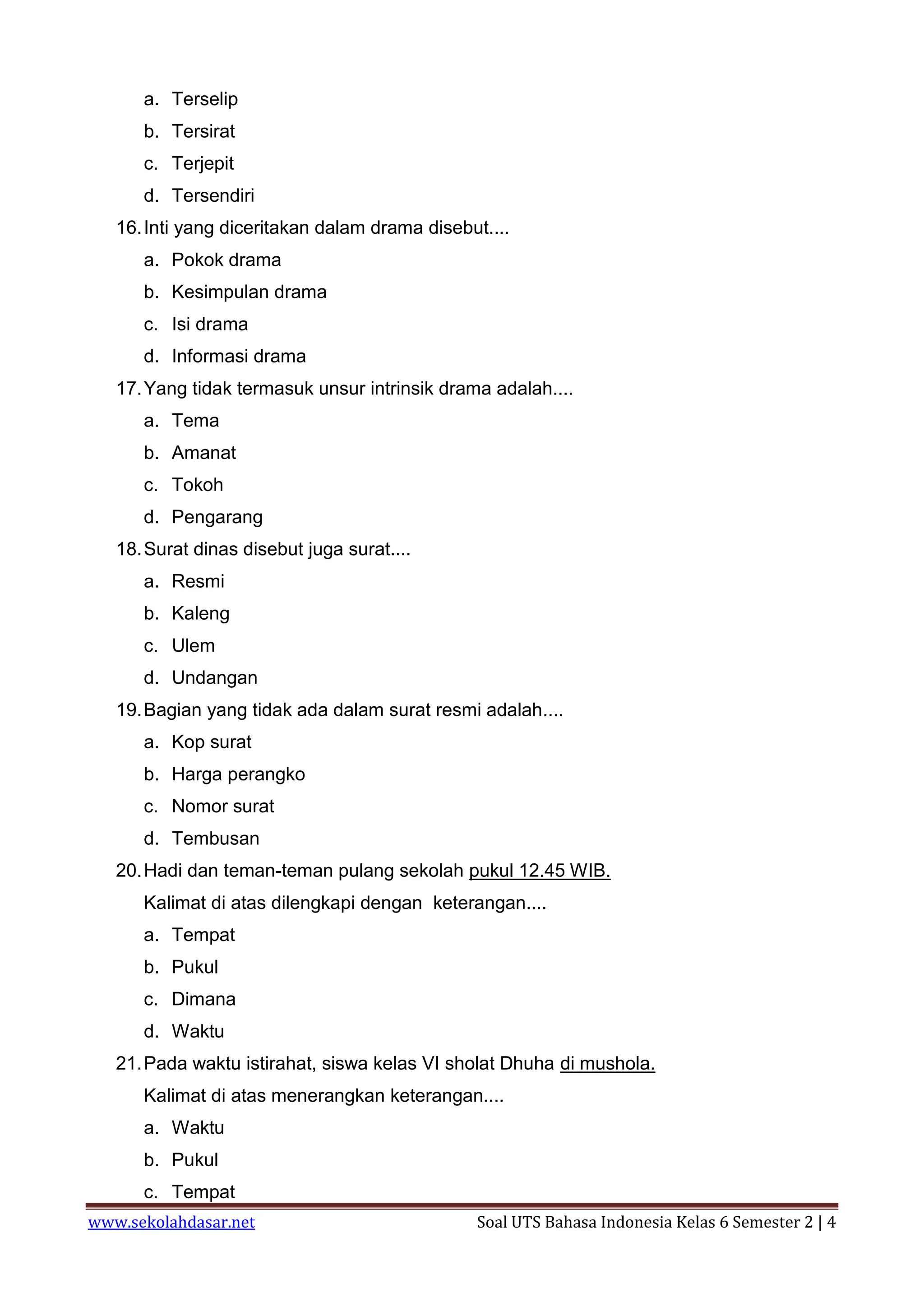 Soal Uts Bahasa Indonesia Kelas 6 Semester 2 Pdf